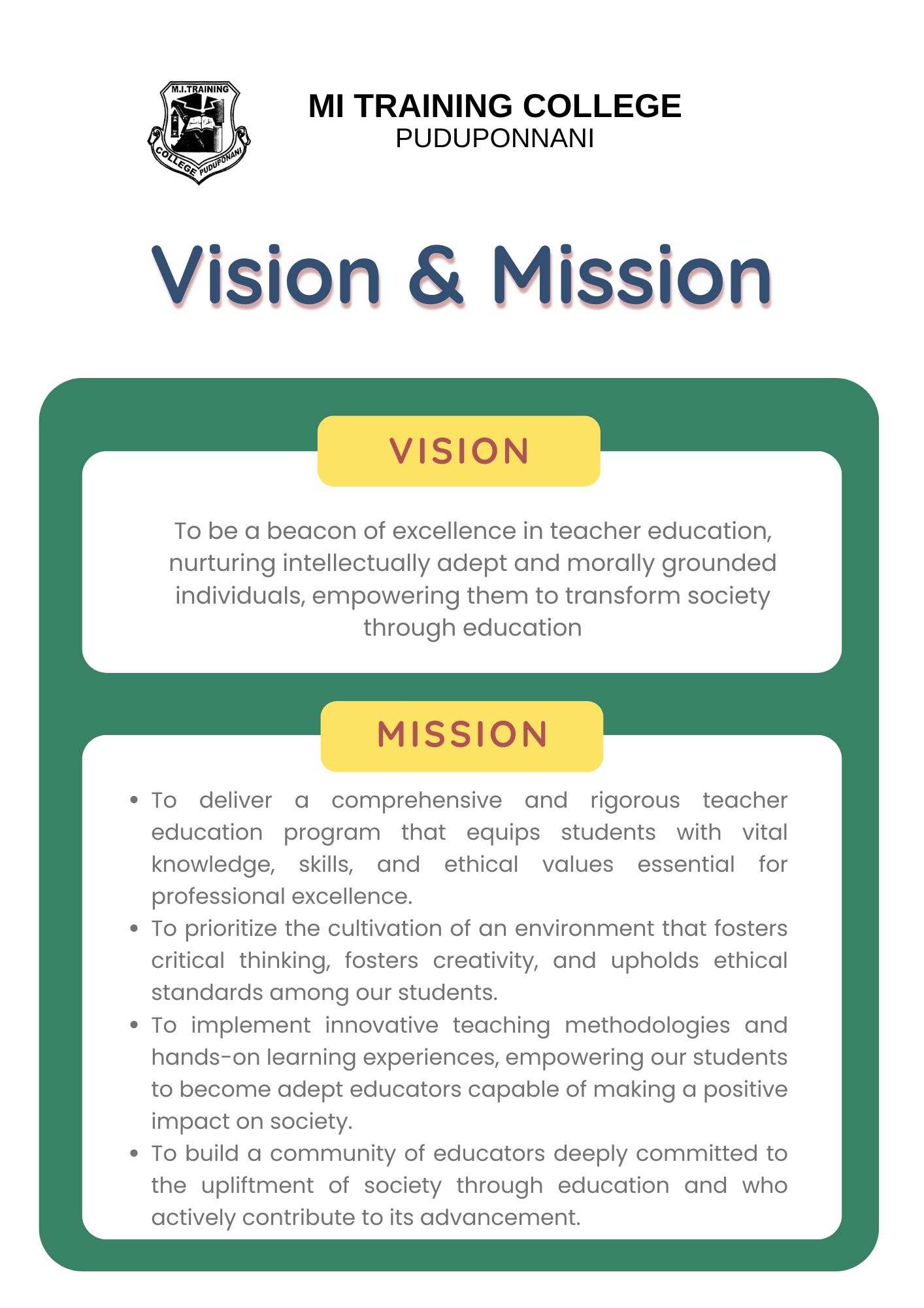 Vision and Mission - MI TRAINING COLLEGE