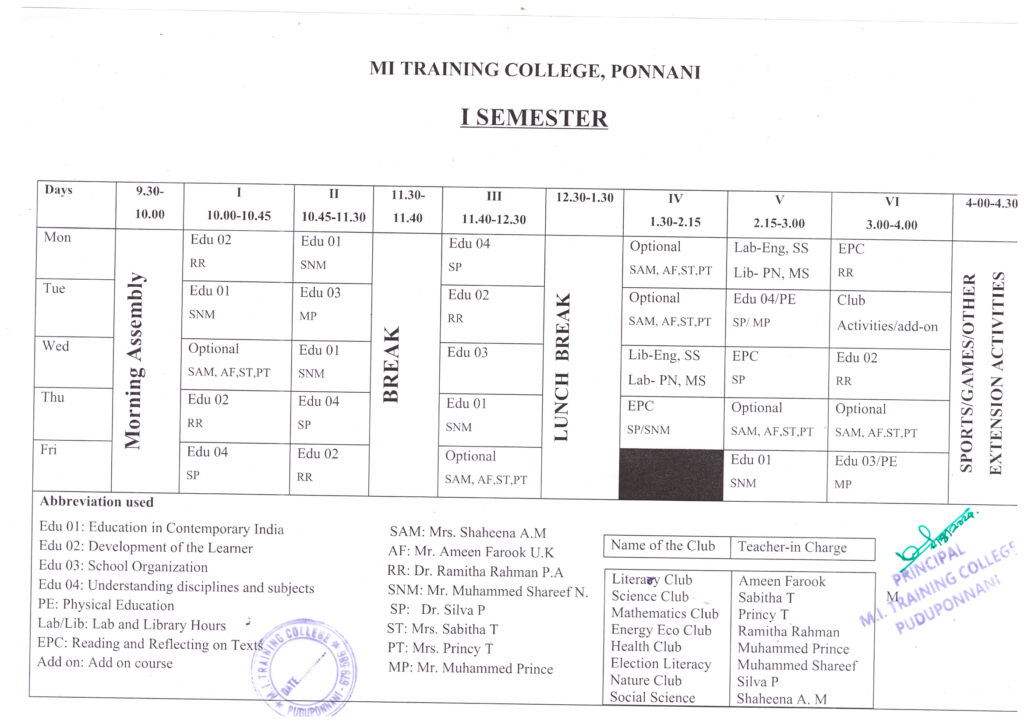 First Semester B.Ed. Class Time Table - MI TRAINING COLLEGE